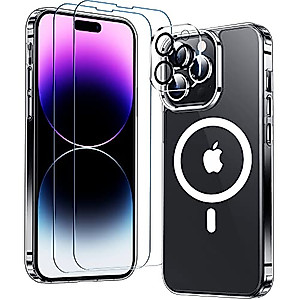 MOZOTER Magnetic for iPhone 14 Pro Max Case,[Compatible with Magsafe] [Anti-Yellowing][Glass Screen Protector+Camera Lens Protector] Shockproof Slim Thin Phone Case Cover 6.7 inch-Clear