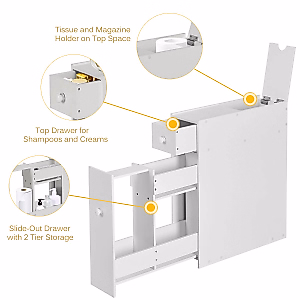 Tangkula Bathroom Wood Storage Cabinet Home Kitchen Floor Storage Organizer with Slide Out Drawer Free Standing Space Saving Storage Cabinet Toilet Paper Holder, White