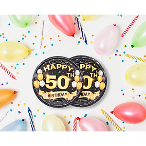 50th Birthday Plates Black and Gold Dessert, Buffet, Cake, Lunch, Dinner Plates for 50th Birthday Decorations Party Supplies, Happy 50th Birthday! 50 Count, 9" Plate Design for 50th Birthday Party