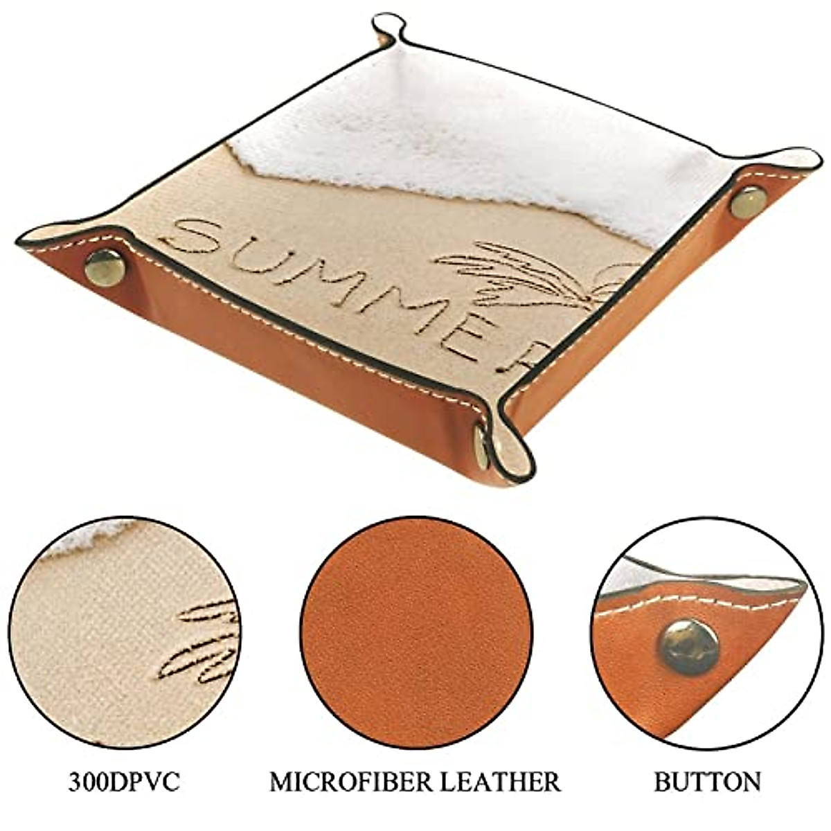 WALLDOR Foam Palm Tree Sand Summer Leather Valet Tray Organizer for Wallets Watches Keys Coins Cell Phones and Office Equipment,16x16cm