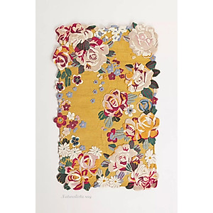 Handmade Pink and Red Yellow Roses Irregular Shape and Oval Shape Multicoloured Floral Wool Area Rug for Living Room, Dining Room and Office (Yellow, 3' x 5')