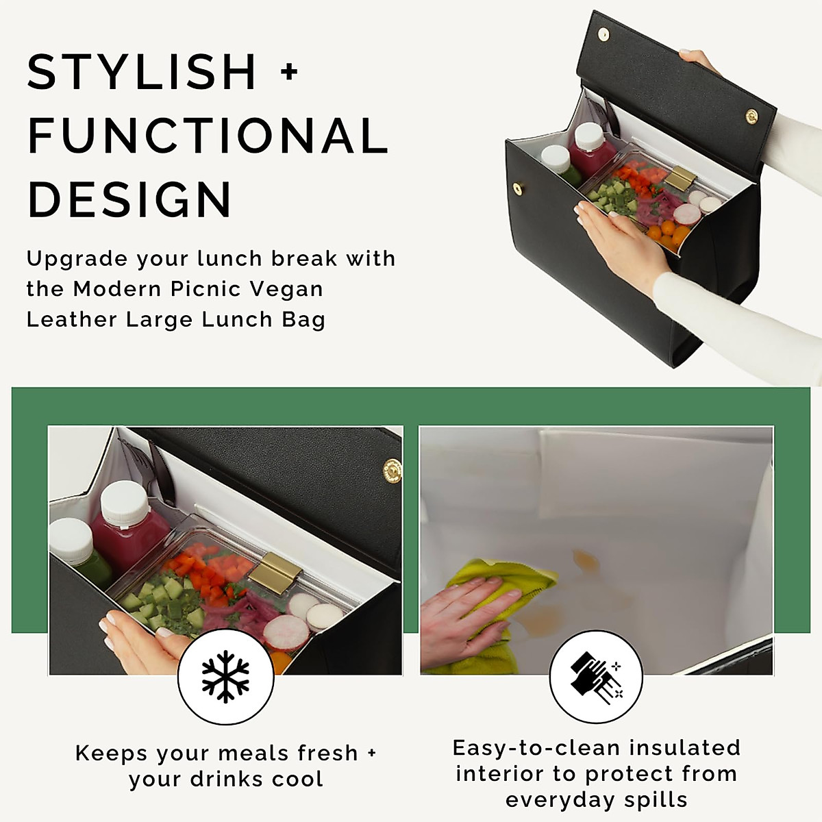 Modern Picnic Vegan Leather Lunch Bag for Women, Cooler Lunch Bag for Girls, Easily Wipeable, Adjustable Shoulder Strap, Women’s Lunch Bags for Work/Office/Outdoor, Black As Seen on Shark Tank