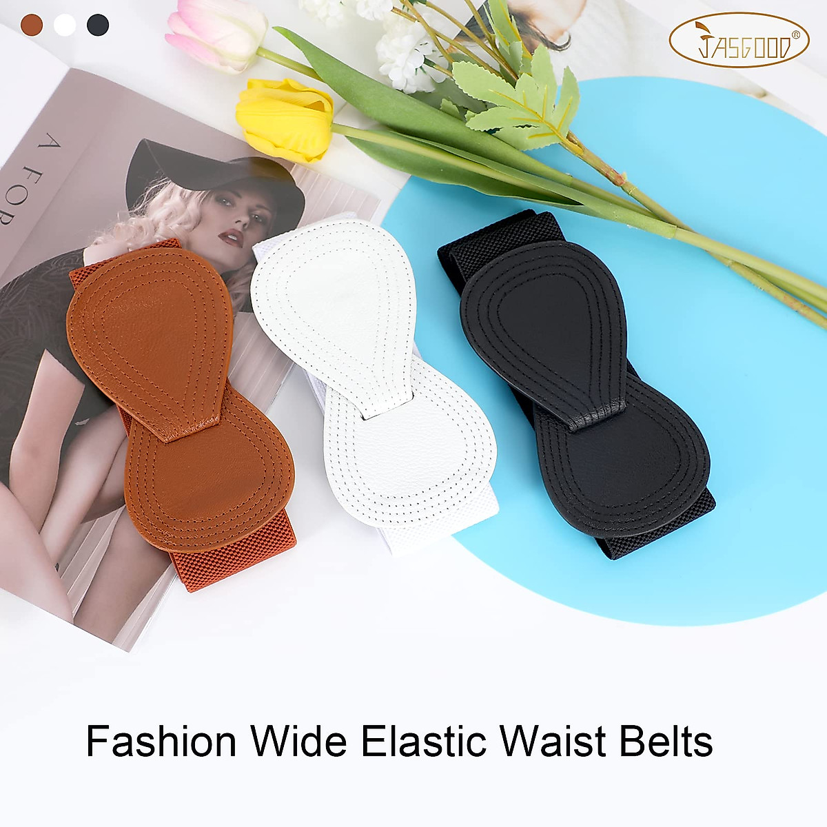 JASGOOD Women Stretchy Belt for Dresses Vintage Elastic Wide Waist Belt, D-Black+White+Brown