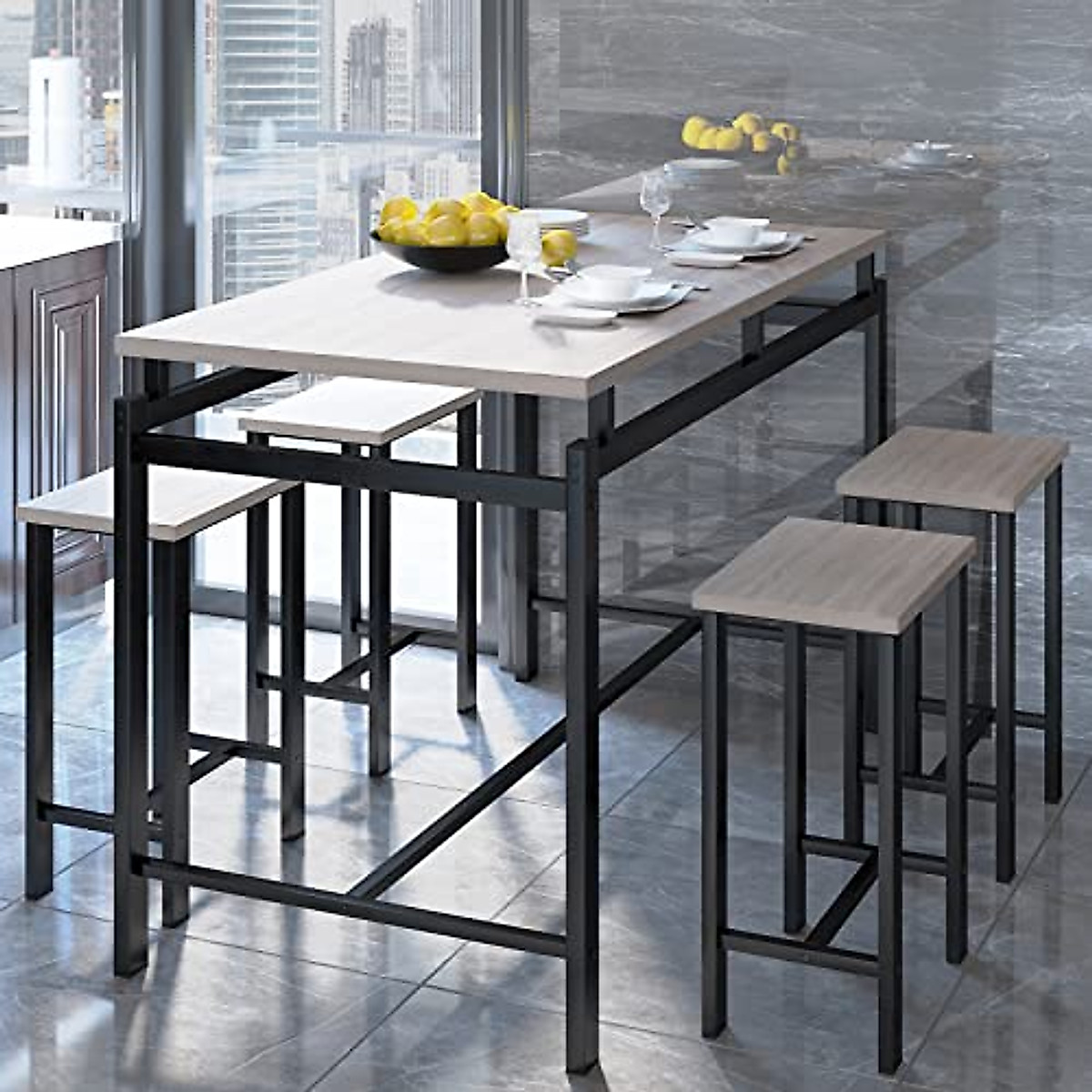 Dining Table Set for 4, 5 Pieces Kitchen Table and Chairs for Small Spaces, Bar Table and Chairs Set, Person Counter Height Table Set with 4 Chairs for Pub Restaurant Dinner Breakfast(Oak)