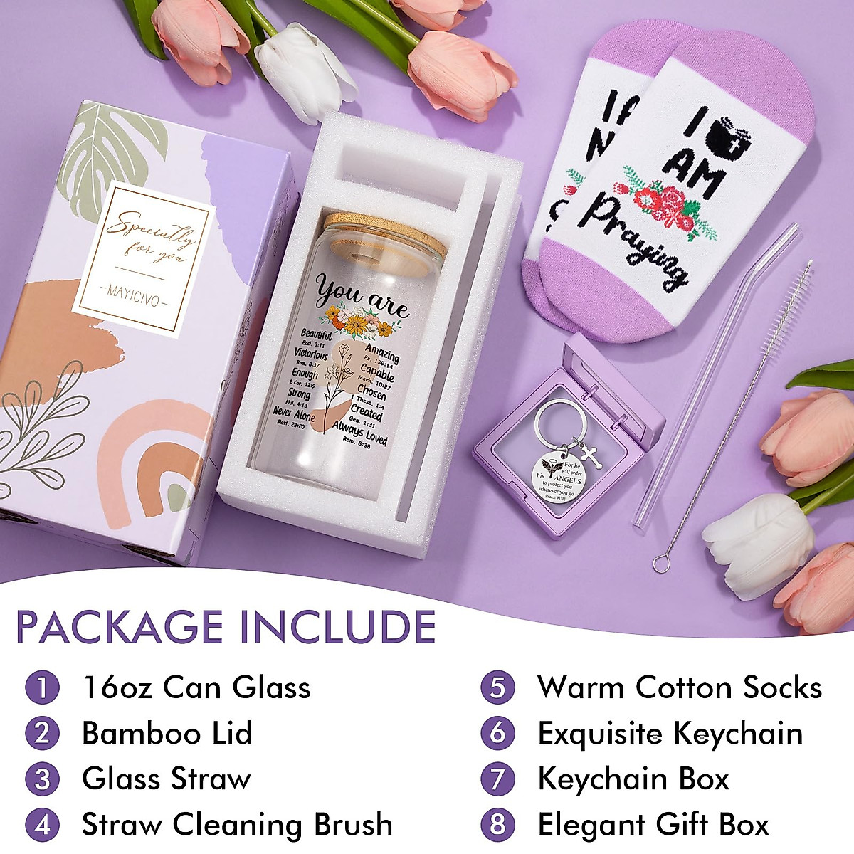 Christian Gifts for Women Faith, Inspirational Gifts Religious Gifts for Women, Catholic Spiritual Gifts Birthday Christmas Gifts for Women Mom Sister Best Friends Wife Coworkers w/ 16Oz Can Glass Cup