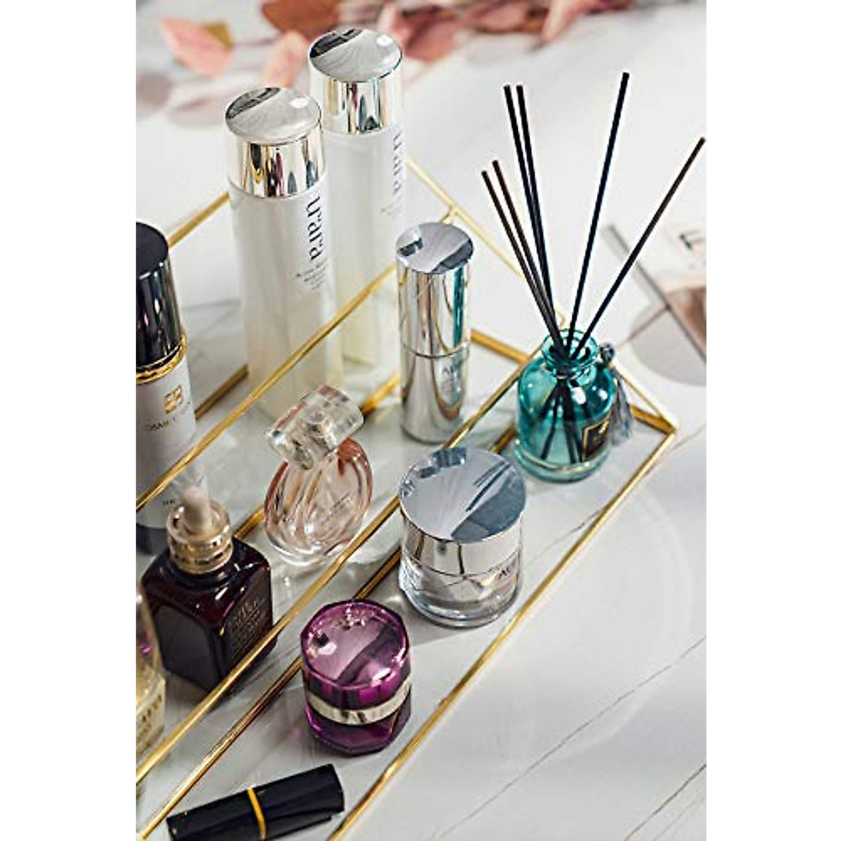 FSyueyun Gold Makeup Organizer Case Vanity, 3 Layers Glass Makeup Storage Cosmetics Organizer Jewelry Box Earring Ring Holder Display Case