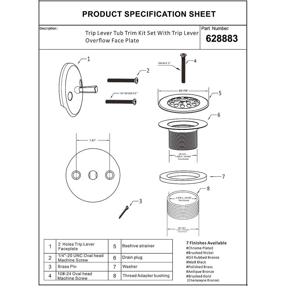 Artiwell Trip Lever Tub Trim Kit Set With Trip Lever Overflow Face Plate, Trip Lever Bathtub Drain with Strainer, Overflow and Matching Screws (BRUSHED NICKEL)