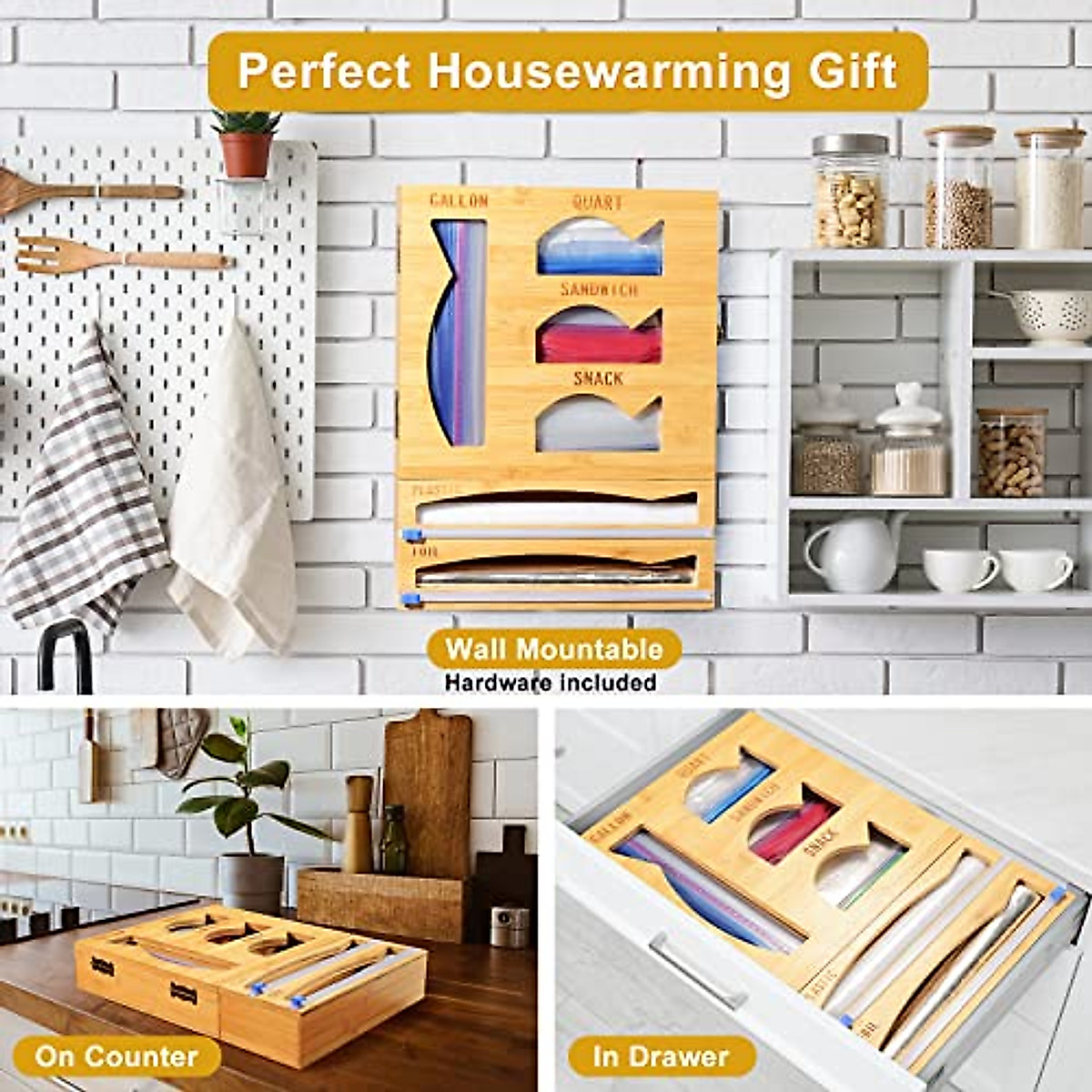 6 Slots Bamboo Wall mountable Ziplock Bag Storage Organizer and Foil & Plastic Wrap Dispenser with Cutter, for Kitchen Drawer, Counter Top, Pantry, Compatible with Gallon, Quart, Sandwich, Snack Bag