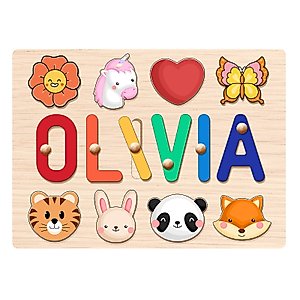 Name Puzzle for Kids Personalized, Custom Baby Gifts, 1st Birthday Gifts, Early Learning Toys for Baby Boy or Baby Girl, Wooden Puzzles for Toddlers with Pegs