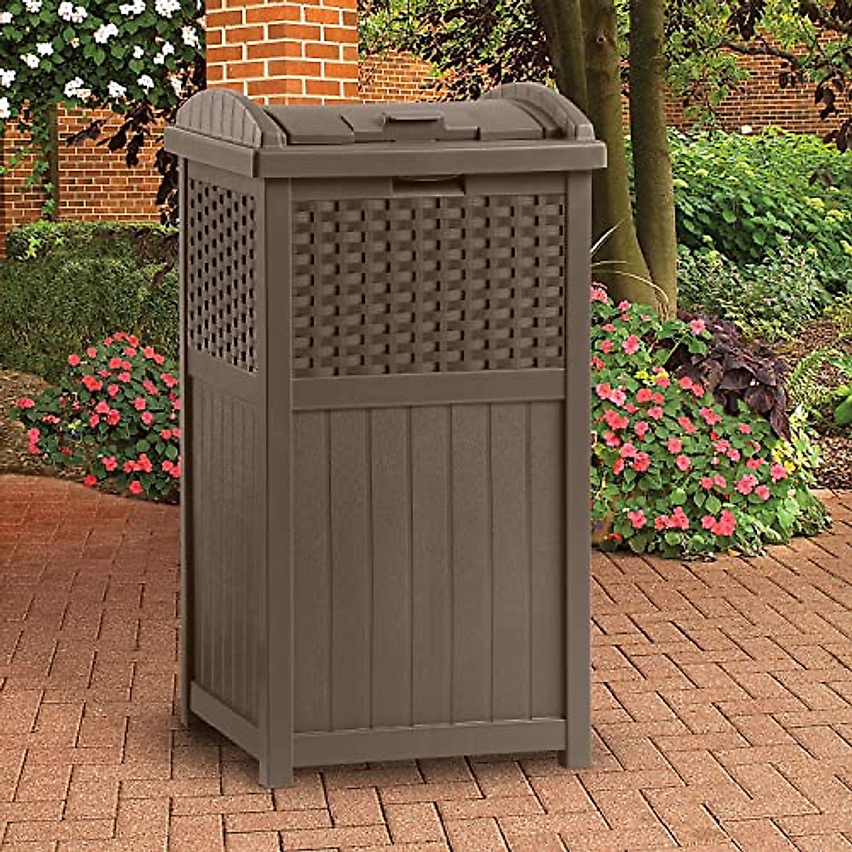 Suncast 73 Gallon Deck Box & Wicker Trash Hideaway Outdoor Garbage Bin, Java