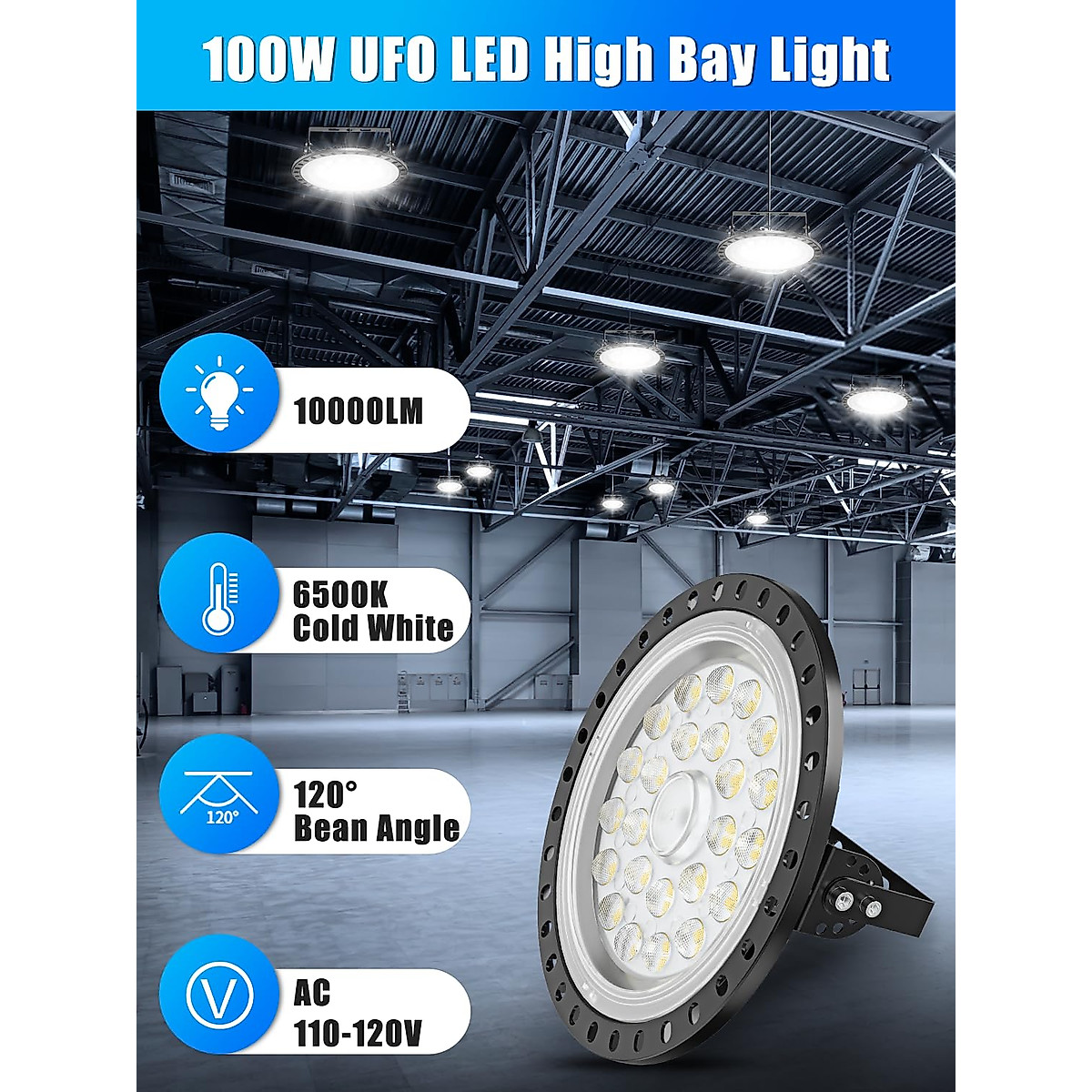 UFO LED High Bay Lights 100W 10 Packs,Super Bright 10000LM High Bay LED Shop Lights,6500K Daylight High Bay LED Lights,Waterproof High Bay Lighting,LED High Bay Light for Factory Warehouse Workshop
