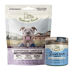 BADLANDS RANCH Superfood Complete, Air-Dried Adult Dog Food, 24 Ounce Lamb & Venison and Super Gut Organic Supplement 90 Grams, 30 Scoops
