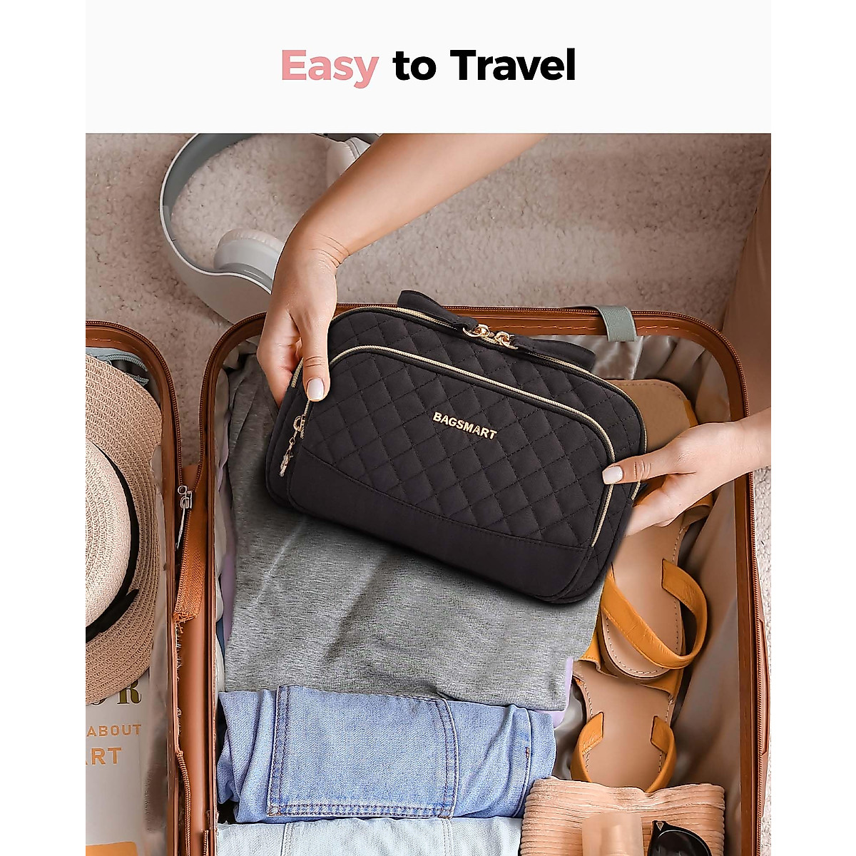 BAGSMART Travel Makeup Bag, Cosmetic Bag Organizer Case, Portable Makeup Travel bag for Women for Travel Accessories, Makeup Toiletry Bag with Dual-Zippered Large Wide-open and Handle-black