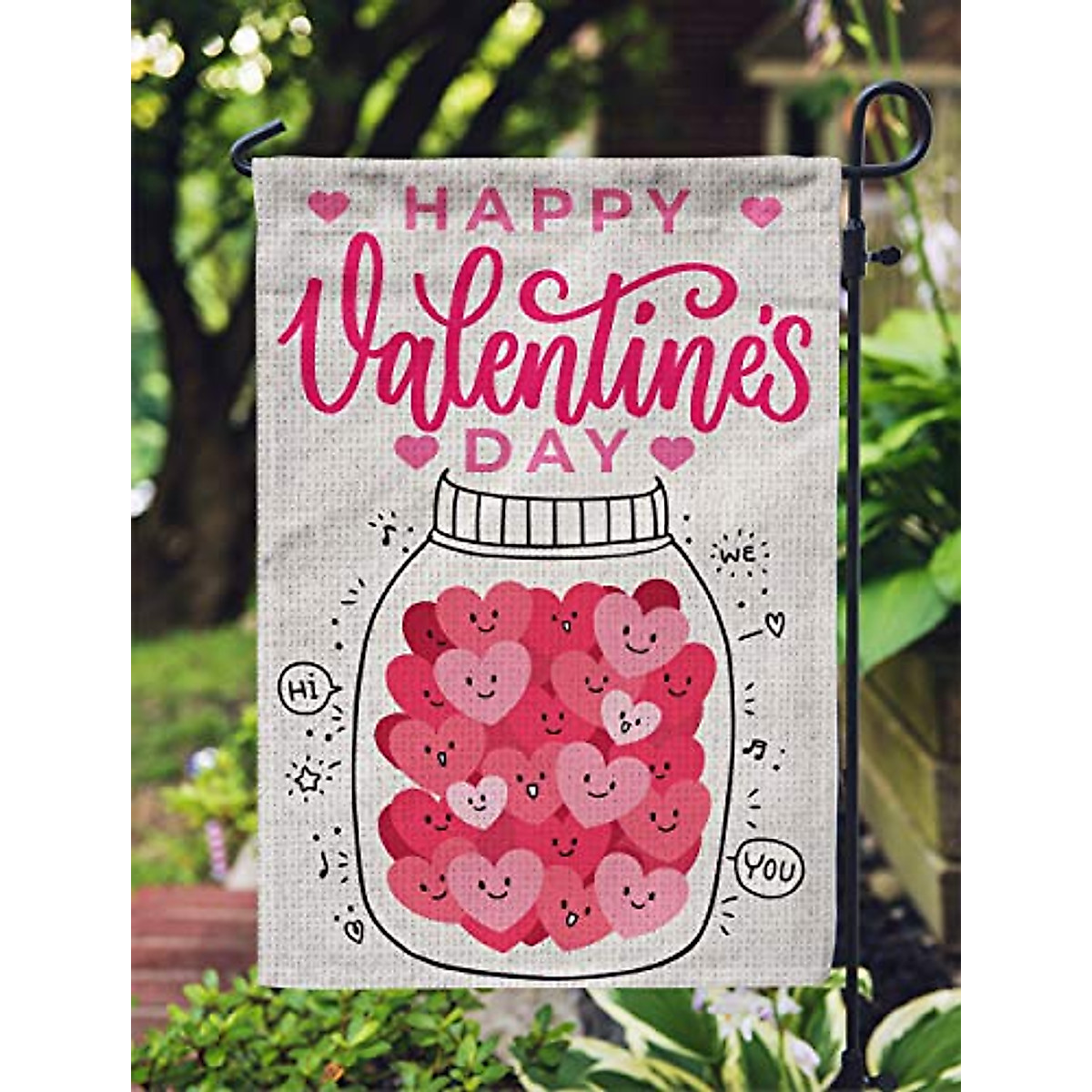 PAMBO Happy Valentines Day Garden Flag 12x18 Double Sided Burlap Hearts & Bottle Flags for Valentine Day Garden Yard Outdoor Decoration