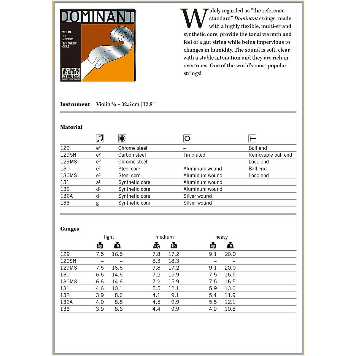 Thomastik-Infeld 135MS Dominant 4/4 Violin String Set with Wound Loop E