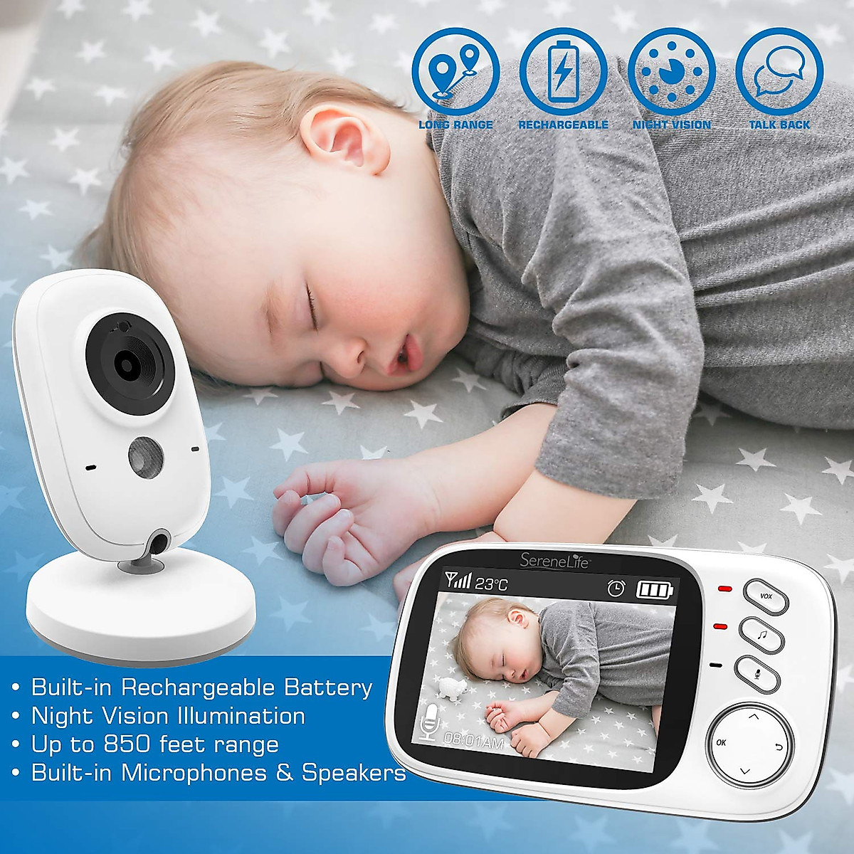 SereneLife Video Baby Monitor Long Range - Upgraded 850’ Wireless Range, Night Vision, Temperature Monitoring and Portable 2” Color Screen USA SLBCAM20