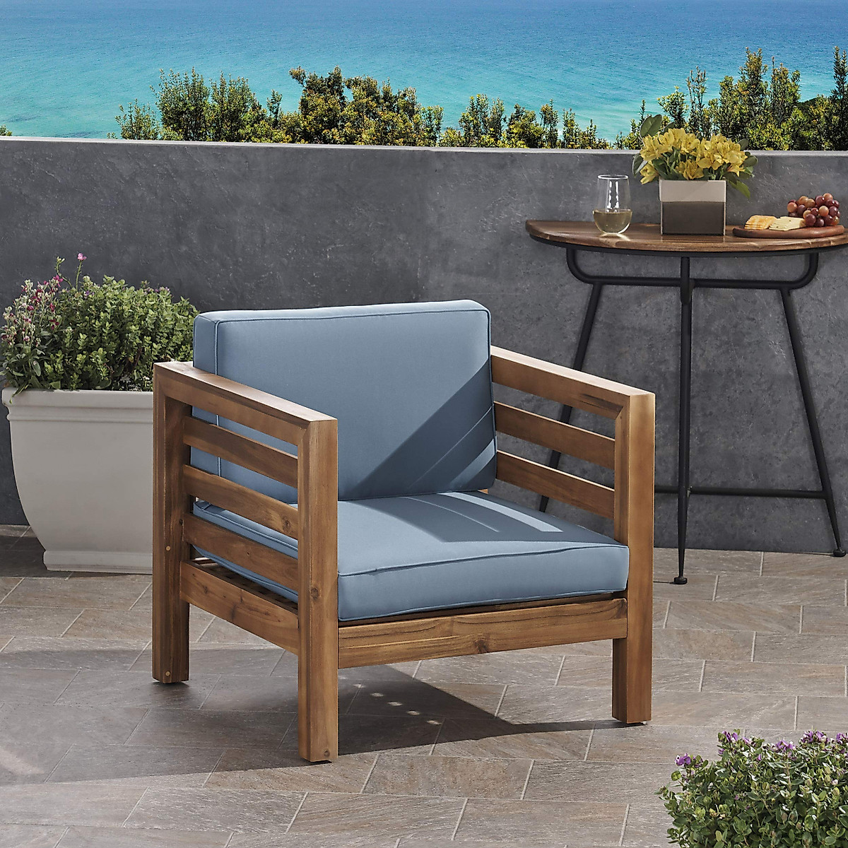 GDFStudio Outdoor Acacia Wood Club Chair with Cushion, Teak Finish and Blue
