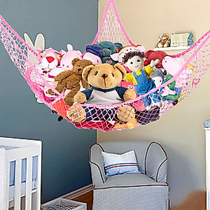 Toy Storage Hammock Net Wall Sling Corner Mesh Nets Stuffed Animal Organizer Storage Net Best for Keeping Rooms Clean for Kids Toys Toy is Durable and Easy to Install Pink