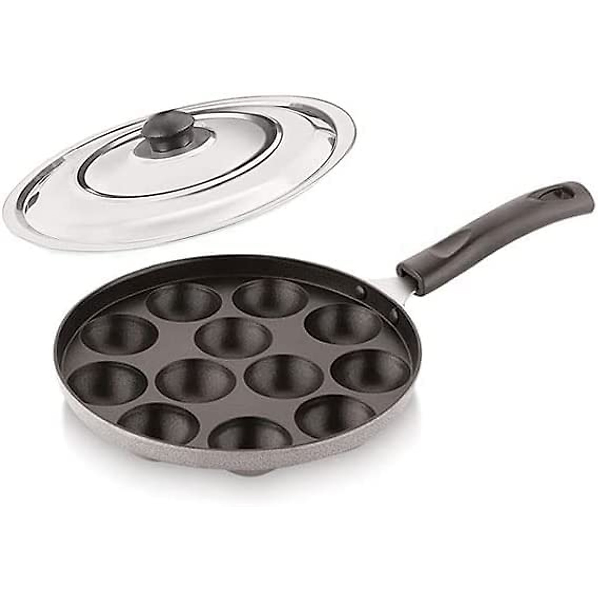 Non Stick Aluminium Appam Pan 12 Cavity With Handel and Stainless Steel Lid - Blak and Silver