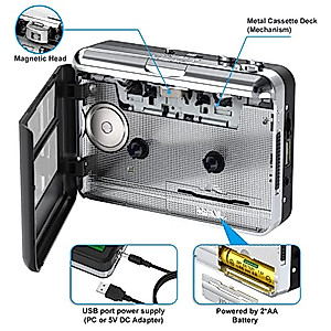 DIGITNOW USB Cassette Player, Portable Walkman Stereo Tape to MP3 Converter, Audio Music Recorder to MP3 Digital File Converter with Earphones, No PC Required, Black, BR607