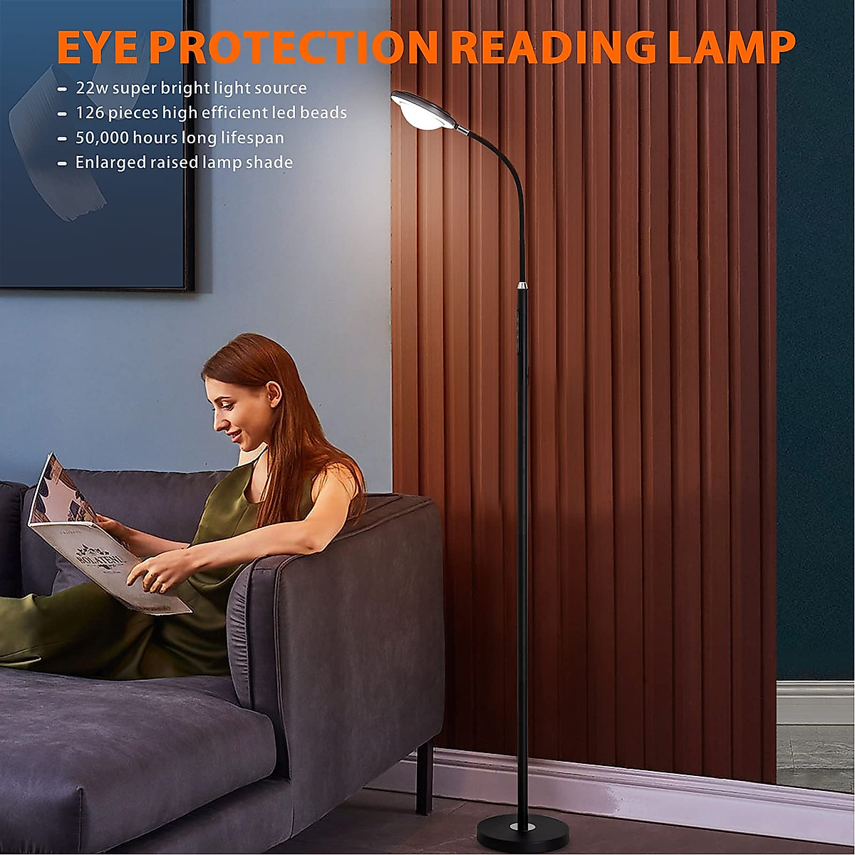 XXEAN Super Bright LED Floor Lamp with Remote,22W Dimmable Standing Lamp for Bedroom,Adjustable 10 Levels Brightness Tall Lamp with Timer,Touch Control Black Floor Lamp for Living Room