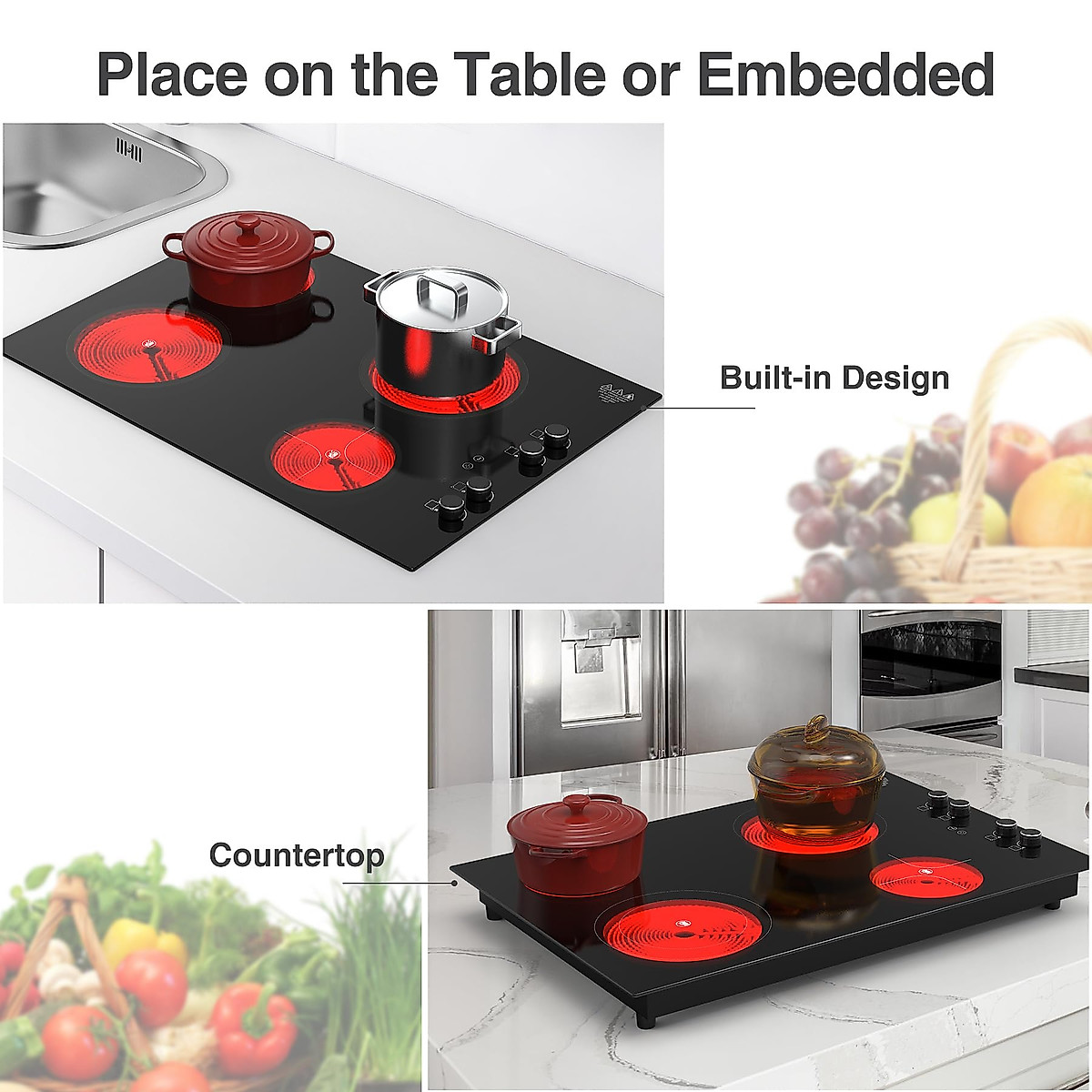 GIHETKUT Electric Cooktop, Hot Plate Electric Control by Knob, Built-in 4 Burners Electric Stove Top with 9 Power Levels, Child Safety Lock & 99mins Timer, 220-240V, 7200W