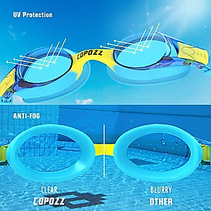 COPOZZ Kids Swimming Goggles, Child (Age 4-12) Waterproof Swim Goggles With Clear Vision Anti Fog UV Protection No Leak Soft Silicone Frame And Strap for Kid Boys Girls and Early Teens