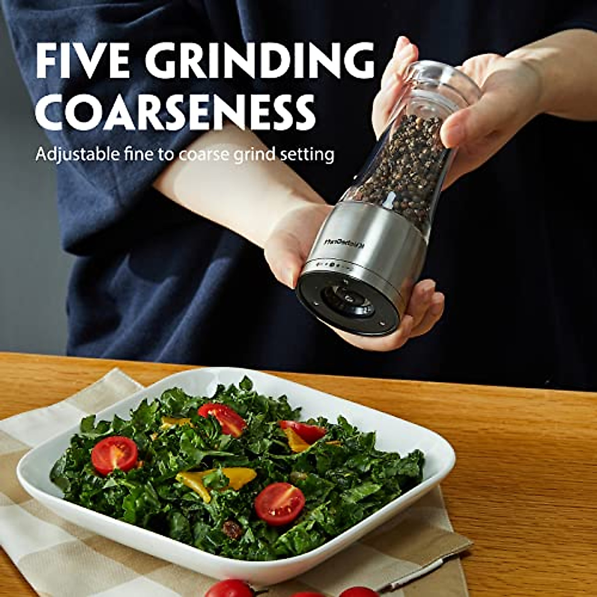 Salt and Pepper Grinder Set - KucheCraft Intuitive Salt Grinder & Pepper Grinder Refillable - Stainless Steel Manual Salt and Pepper Mill with Aroma Sealable Cap - Up to 5 Preset Grind Sizes