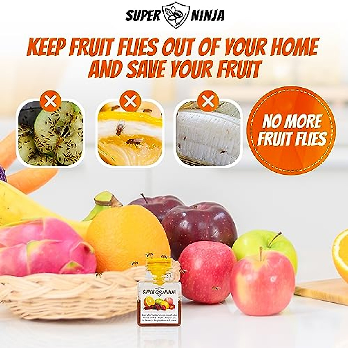 Super Ninja Fruit Fly Traps for Indoors - Highly Effective Ecological Fruit Fly Trap - Environmentally Responsible Fruit Fly Killer - User Friendly - Up to 3 Weeks per Trap (4 Traps)