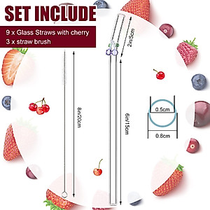 9 Pcs Reusable Glass Straws with Design 8 mm x 7.9 Inch Colorful Cherry on Clear Straw Bent Glass Cherry Straws with Cleaning Brush for Cocktail Juice Shakes Beverages Cocktails
