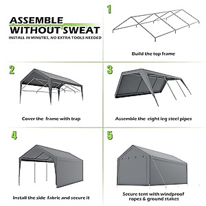 Magshion 10'x20' Carport Heavy Duty Car Canopy Portable Garage with Roll Up Zipper Door, 180g PE Tarps, W/Side Tarps for Sandbag Mounting, Boat Shelter for Car, Truck and Party (Gray)