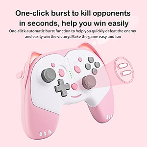 SIMGAL Wireless Controller Compatible with Nintendo Switch/Switch Lite/Switch OLED, Cute Cat Bluetooth Pro Controller with Turbo, Motion, Vibration, Wake-up, Headphone Jack and Breathing LED Light (Pink)