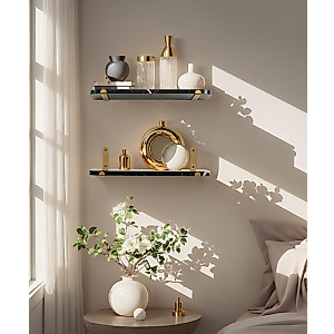 Godimerhea Floating Shelves for Wall Set of 2 Gold Black Floating Shelves Wall Mount Wood Storage Organzier Wall Shelf with Gold Brackets for Living Room Bedroom Bathroom Kitchen