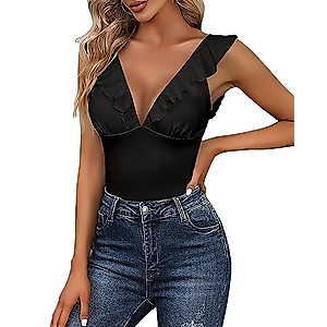 Donnalla Women’s Sexy Deep V Neck Ruffle Sleeveless Backless Double Lined Thong Tank Bodysuits Tops