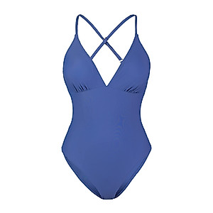 CUPSHE Women Crisscross Back Ruched One Piece Swimsuit Cut Out V Neck High Cut Thin Straps Bathing Suit,M Blue