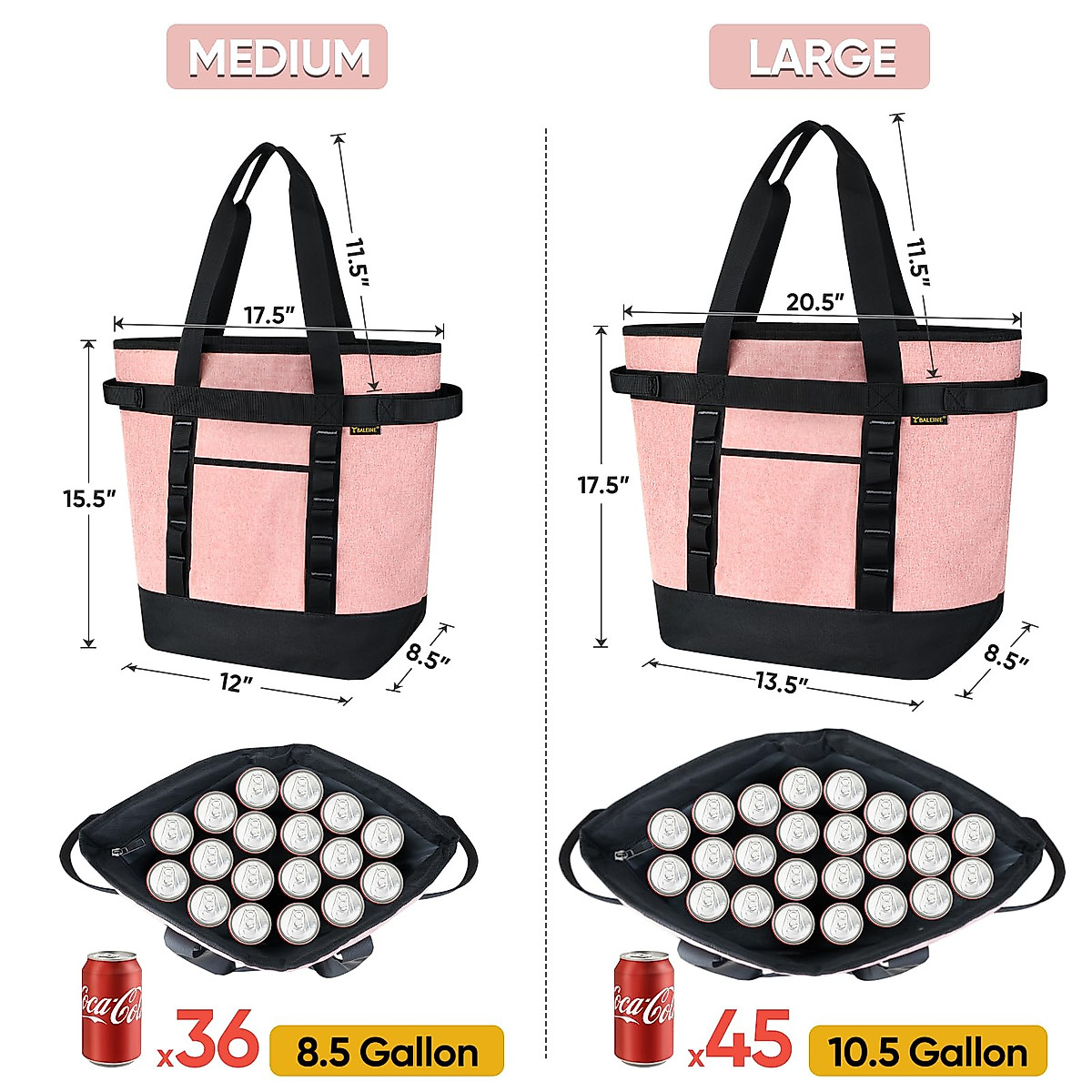 BALEINE Large 45-Can Cooler Bags Insulated, PEVA Soft Cooler Tote Bag, Insulated Grocery Bags with Zippered Top (10.5 Gallon, Grey)