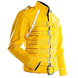 Freddie Concert Queen Yellow Synthetic Jacket Mercury Mens Pop Rock Star Concert Belted Costume 80s Rock Legend Costume Adults Lead Singer Yellow Jacket Outfit