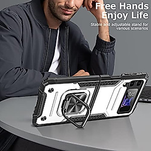 RLUYIDIKS for Samsung Galaxy Z Flip 3 Case,360°Rotate Ring Stand Magnetic Cover Case,Military Grade Protection Shockproof Phone Case,6.7inch for Samsung Galaxy Z Flip 3 5G,Silver RUS01-03 CP