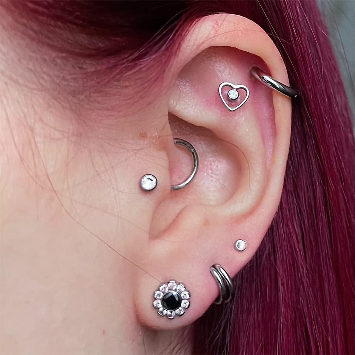 FINE4U Threadless Flat Back Earrings Stud Titanium 18G 6mm 8mm - ASTM F136 Titanium Heart Cartilage Earring for Conch, Helix, Tragus, Flat, Lobe