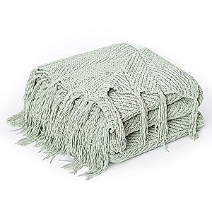 Sofila Sage Green Chenille Tassel Fringe Throw Blanket Textured Knitted Super Soft for Couch Bed Sofa Living Room Framhouse Warm Fluffy Cozy Plush Knit - 60 x 80 Inches