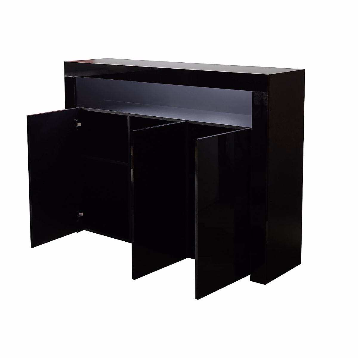 SZUBEE Modern Black High Gloss Sideboard Storage Cabinet with LED Light-Versatile Kitchen and Dining Room Buffet Cupboard with 3 Doors and TV Stand Function