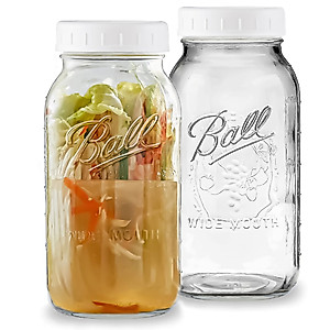 Wide Mouth Mason Jars 64 oz - (2 Pack) - Ball Wide Mouth 64-Ounces Half Gallon Mason Jars with White M.E.M Food Storage Plastic Lid. For Storage, Freezing, Leak Proof, Microwave & Diswasher Safe