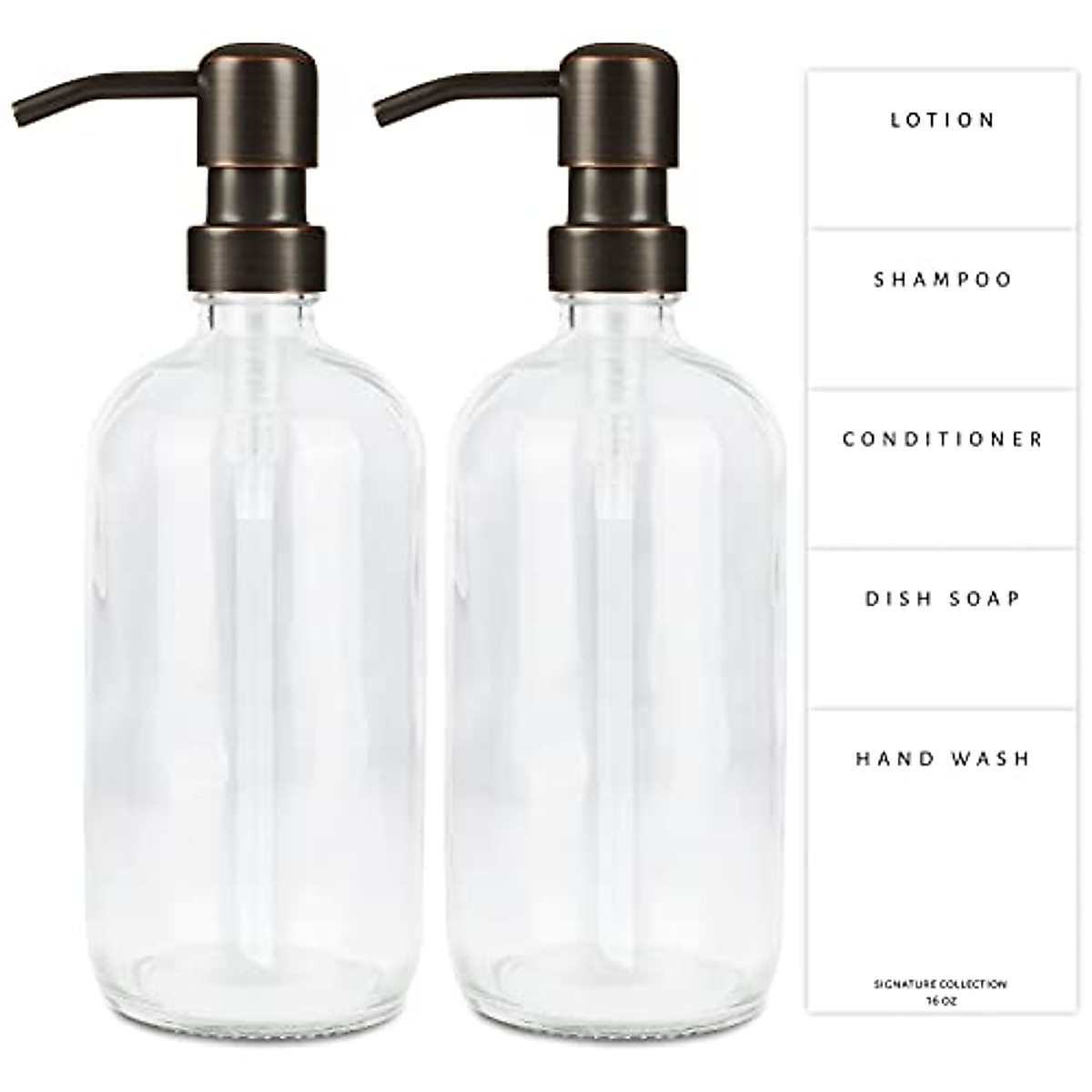 Emerson Essentials Glass Soap Dispenser Set, 2 Pack, Hand Soap Dispenser for Bathrooms and Dish Soap for Kitchen Sink with Pumps, Lotion 16oz Bottles with 5 Waterproof Labels (Clear/Oil Rubbed Bronze)