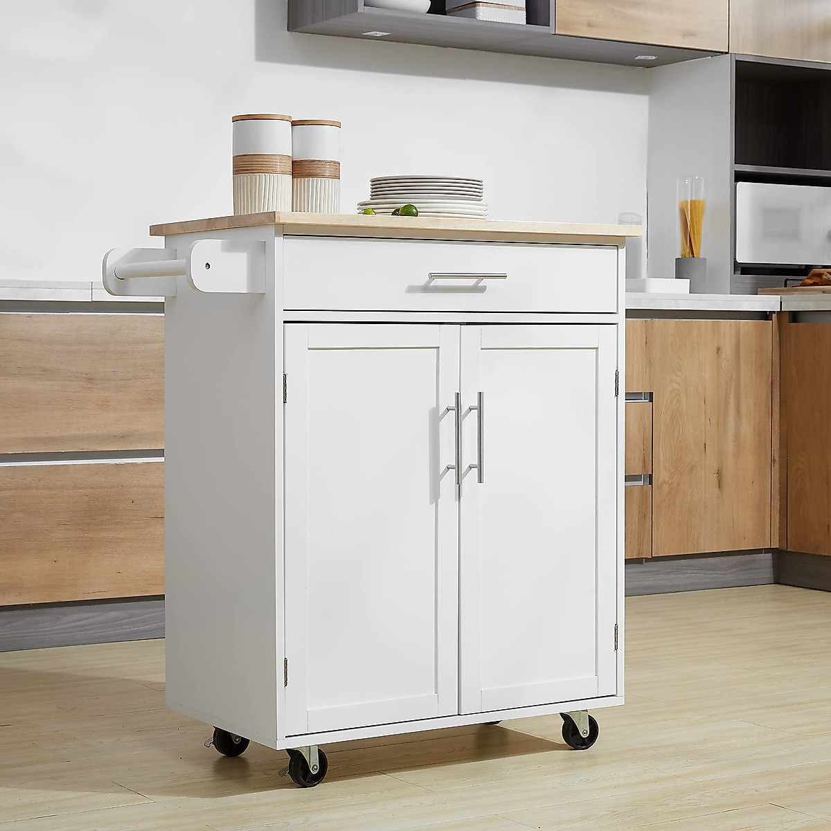 HOMCOM Kitchen Island Cart Rolling Trolley Cart with Drawer, Storage Cabinet & Towel Rack, White