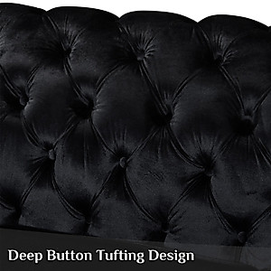 Mid Century Modern Chesterfield Sofa Couch, 81" Velvet Couch Chesterfield Sofa Luxury Upholstery Curved Sofas for Living Room, 3 Seat Tufted Sofa Furniture with 2 Pillows & Classic Gold Legs, Black