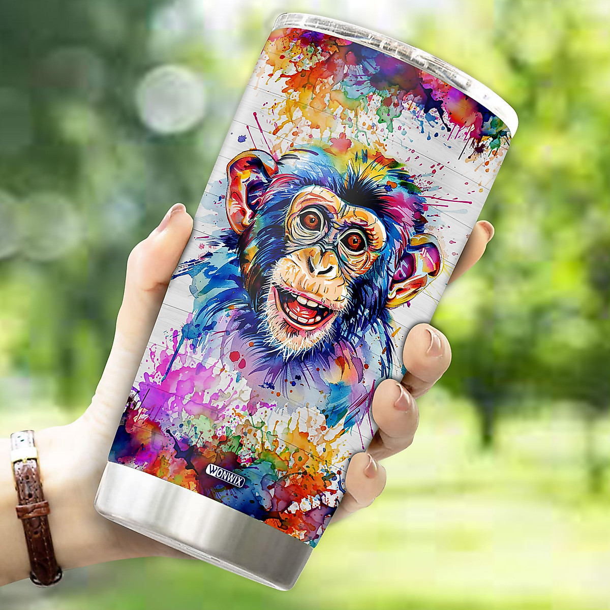 WONWIX Personalized Monkey Tumbler Gifts for Women Monkey Lover Custom Name Watercolor Coffee Cup Travel Mug Gift for Her Girls 20oz Insulated Stainless Steel With Lid