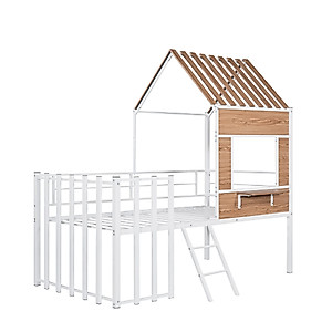 Harper & Bright Designs Metal House Loft Bed Twin, Kids Low Loft Bed with Roof & Window, Twin Size Loft Bed with Guardrail for Girls Boys, White+MDF