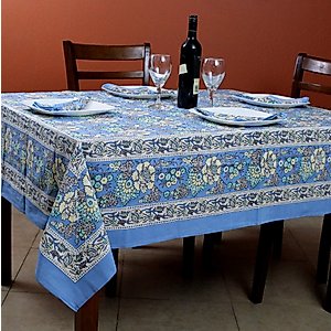 India Arts French Country Floral Print Tablecloth Square Cotton Table Linen Beach Sheet Beach Throw (Blue, Tablelcoth 72 x 72 inches)