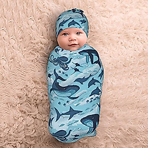Sea Waves Dolphins Sharks Whale Octopus Newborn Swaddle Blankets Baby Wrap Blanket Soft with Beanie Hat Sets Gifts for Infant Boy Girl