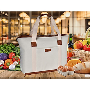 Masirs Insulated Grocery Bag with Zippered Top, Thermal Reusable Canvas for Groceries, Travel Picnic Leakproof Cooler Bags Keep Foods Cold or Hot for Hours, Sturdy Zipper Closure & Pocket